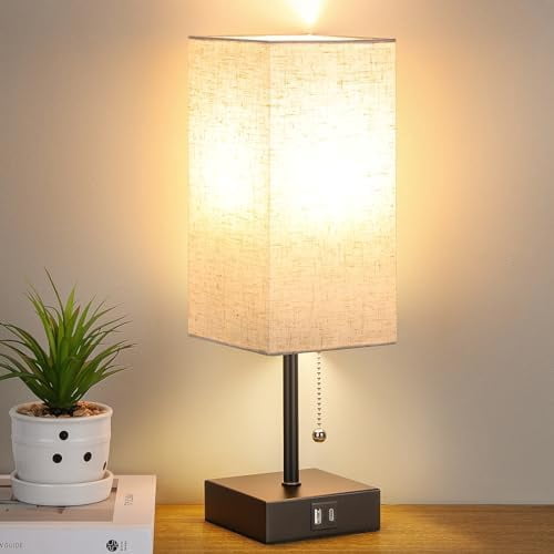 Bedside Table Lamp, Pull Chain Bedroom Lamp with USB C+A Charging Ports ...