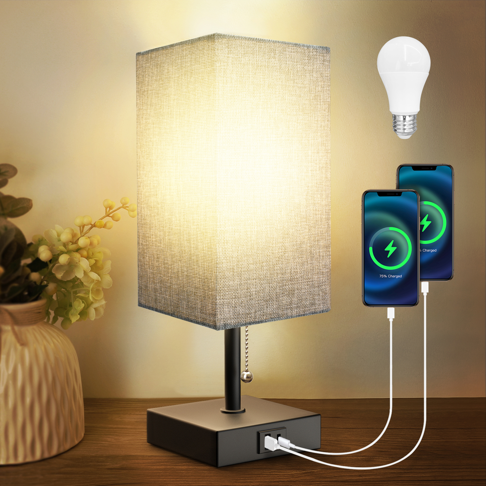 Black Modern Table Lamp Gray Fabric Shade, Pull Chain Switch - Walmart.com