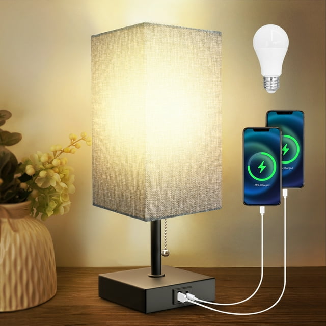 Free Shipping! Bedside Table Lamp,Pull Chain Table Lamp with 2 USB ...