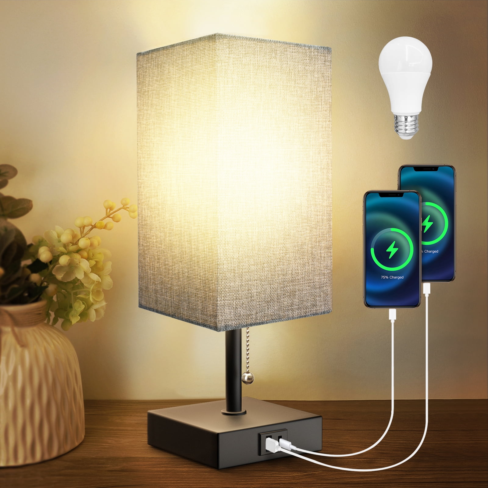 Bedside Table Lamp,Pull Chain Table Lamp with 2 USB Charging Ports ...