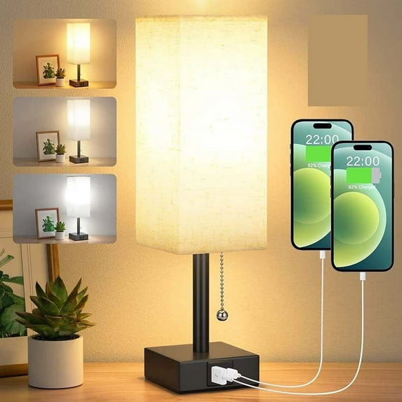 Lieberwell Bedside Table Lamp, Pull Chain Nightstand Lamp with USB C&A ...