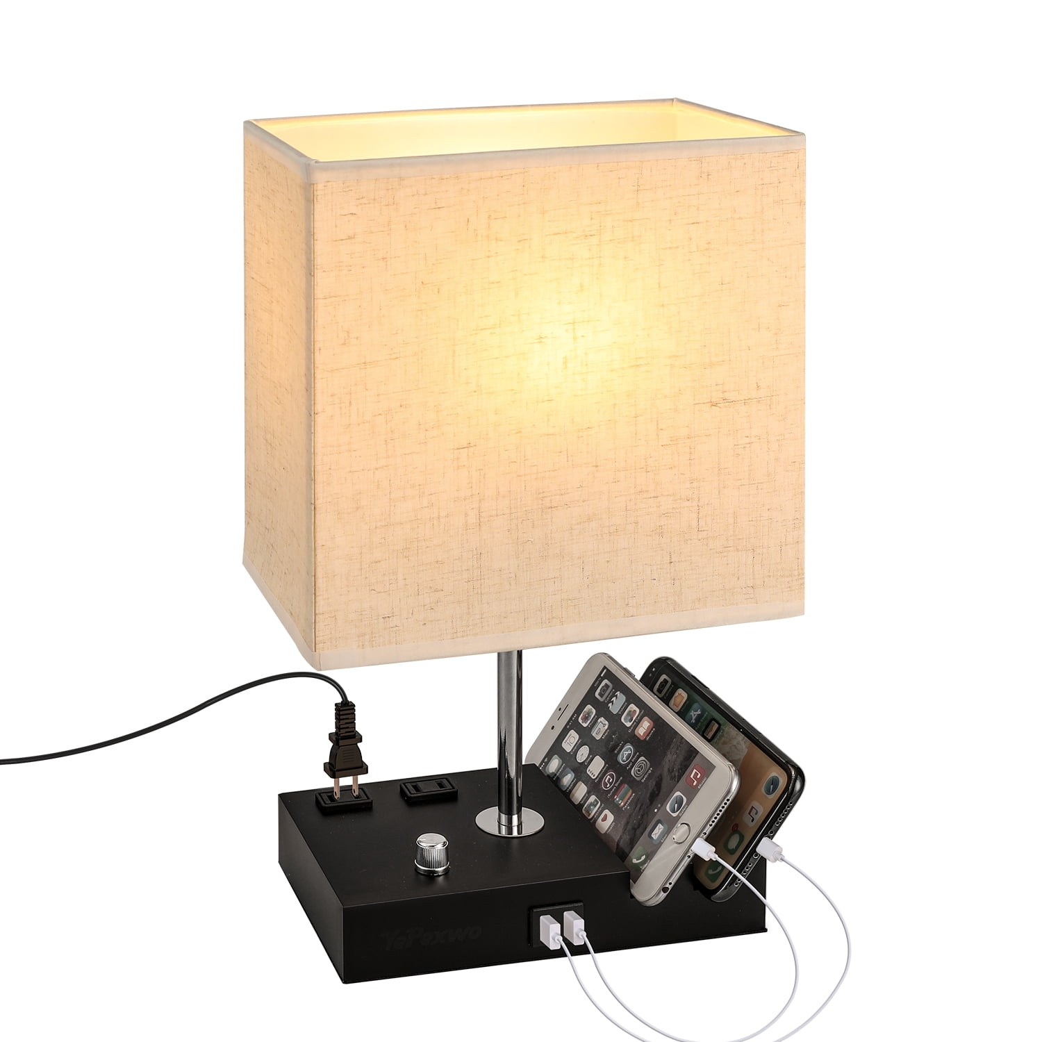 Dimmable Bedside Table Lamp with USB Ports, AC Outlet, Nightstand Lamp ...