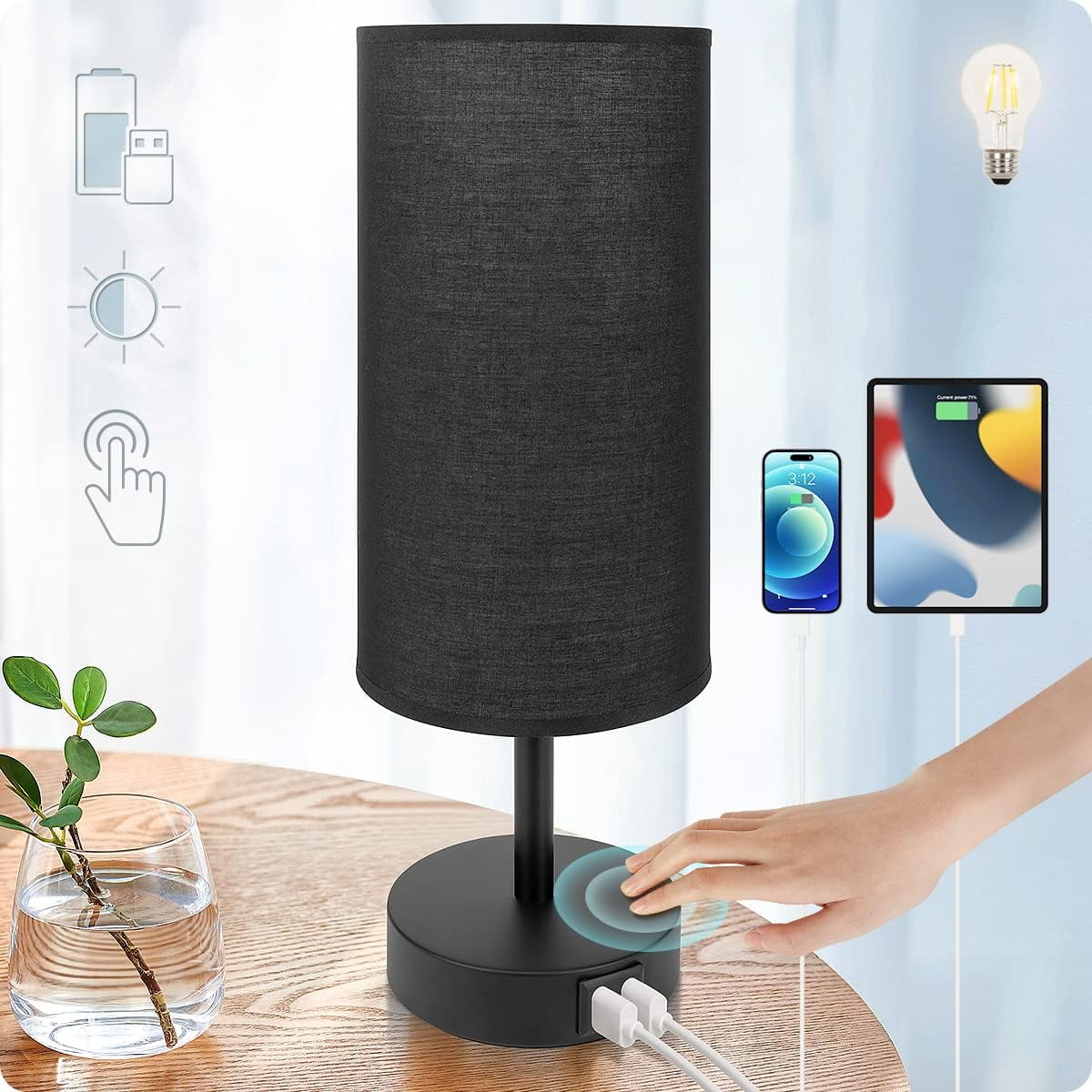 Bedside Table Lamp with USB Port - Touch Control for Bedroom Wood 3 Way ...