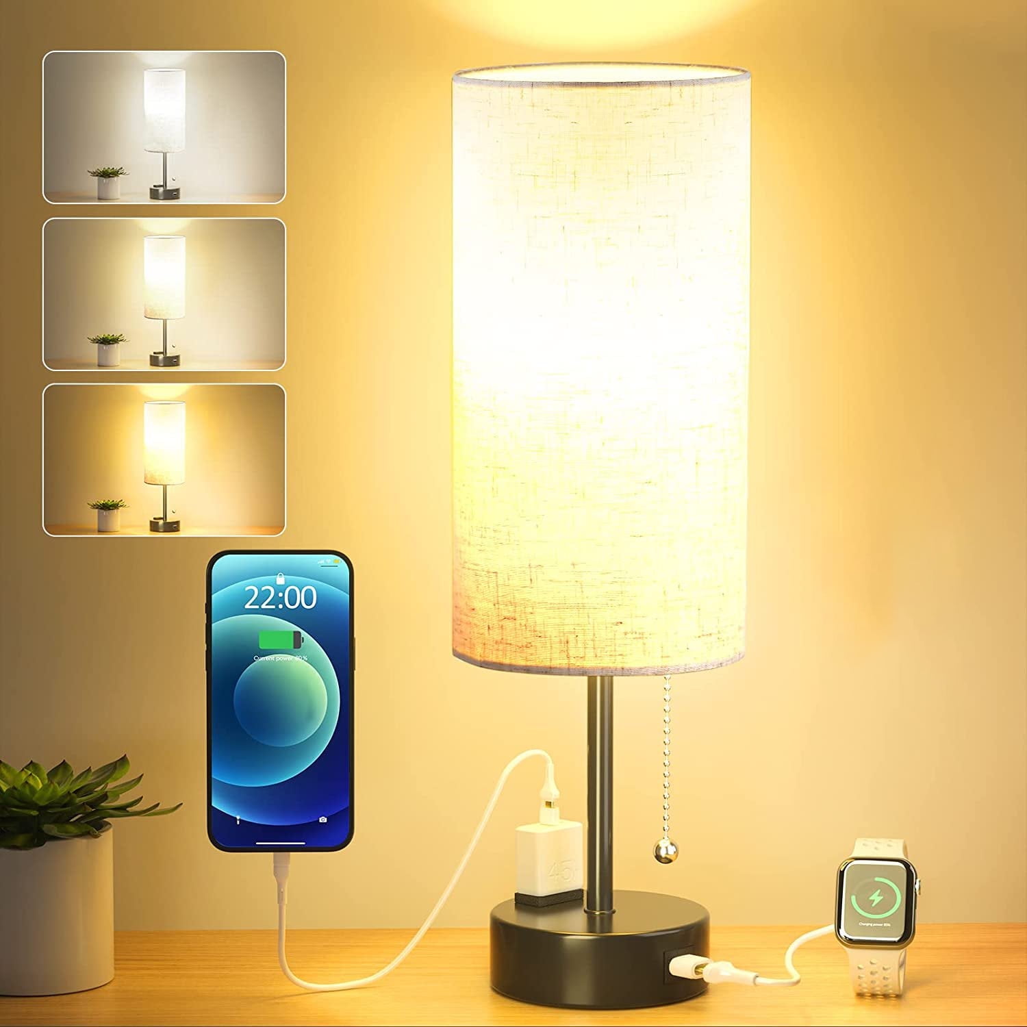 Bedside Table Lamp with Charger Ports, 3 Modes & AC Outlet for Bedroom ...