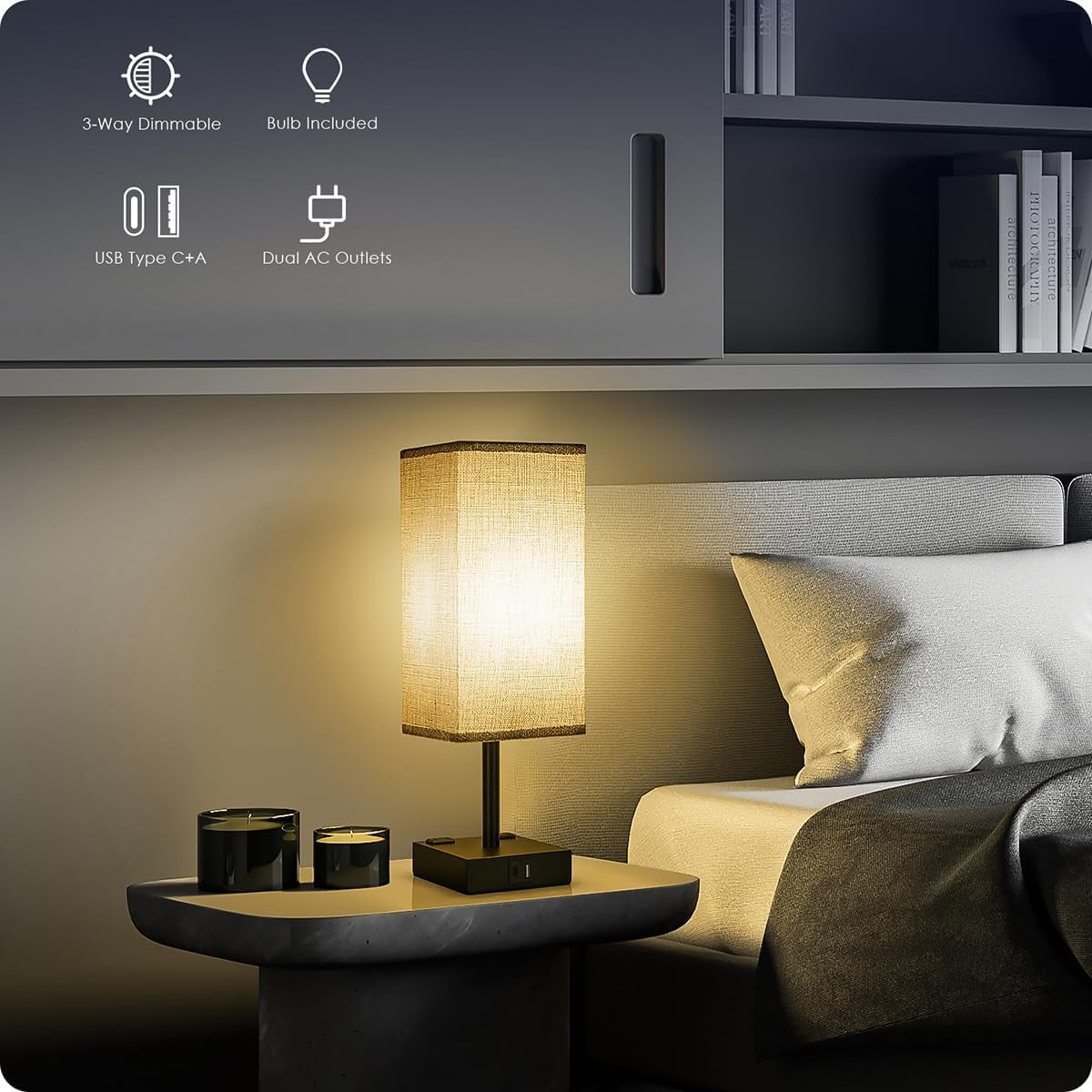 Bedside Table Lamp with Touch Dimmable, USB C+A Ports & AC Outlets, 3 ...