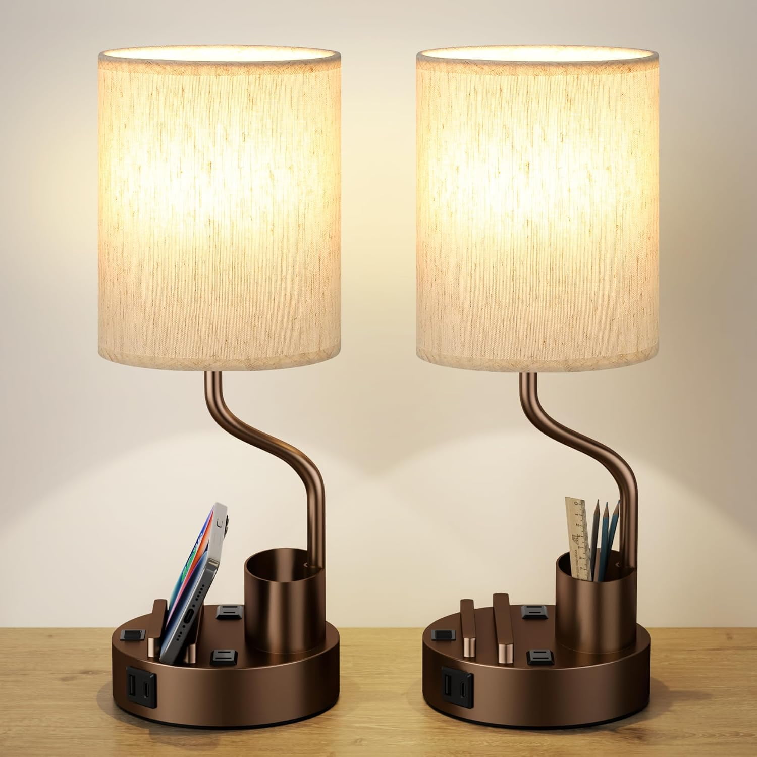 Bedside Table Lamps for Bedroom Set of 2 - Nightstand Lamp with AC ...