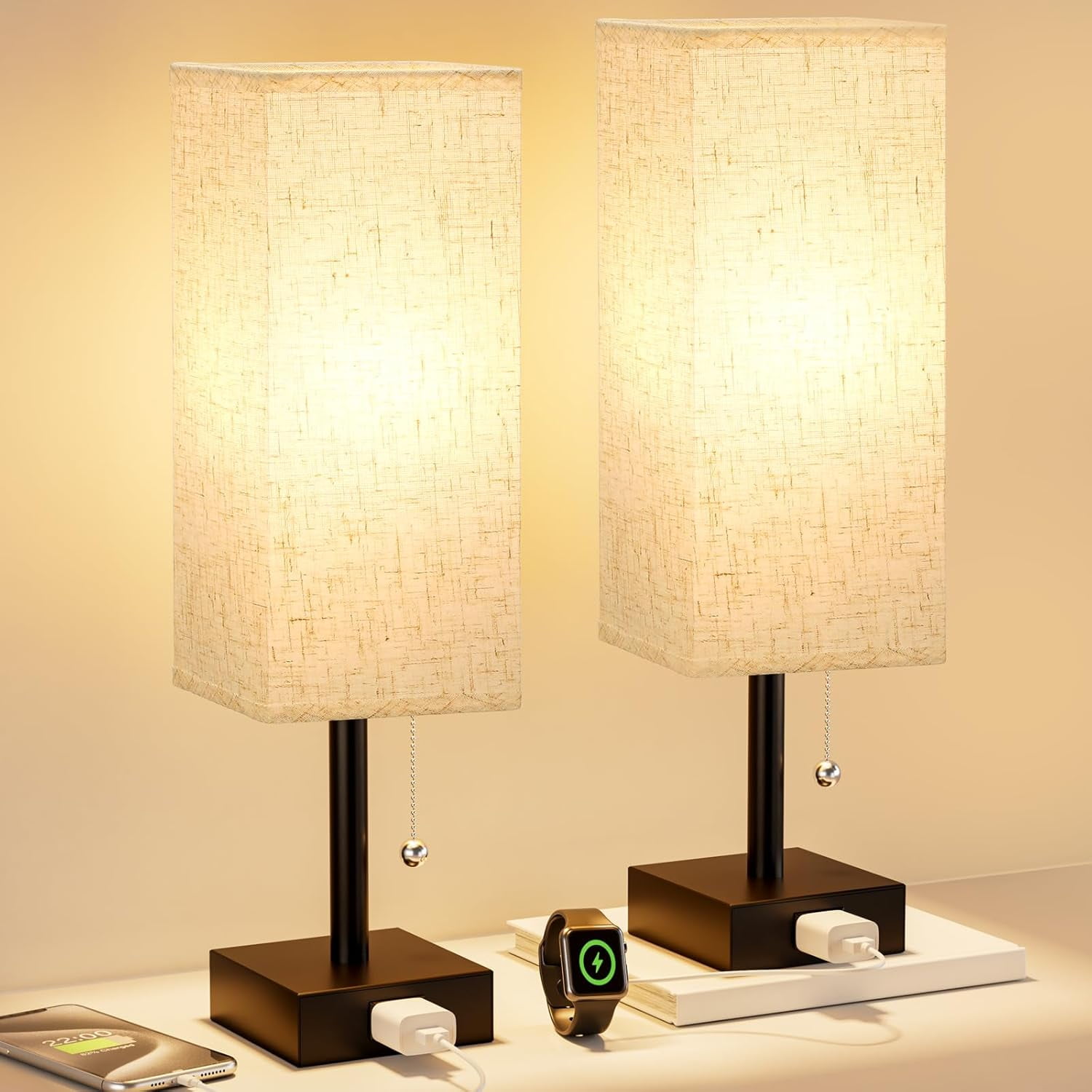 Bedside Table Lamps for Bedroom Set of 2 - Small Rectangular Nightstand ...