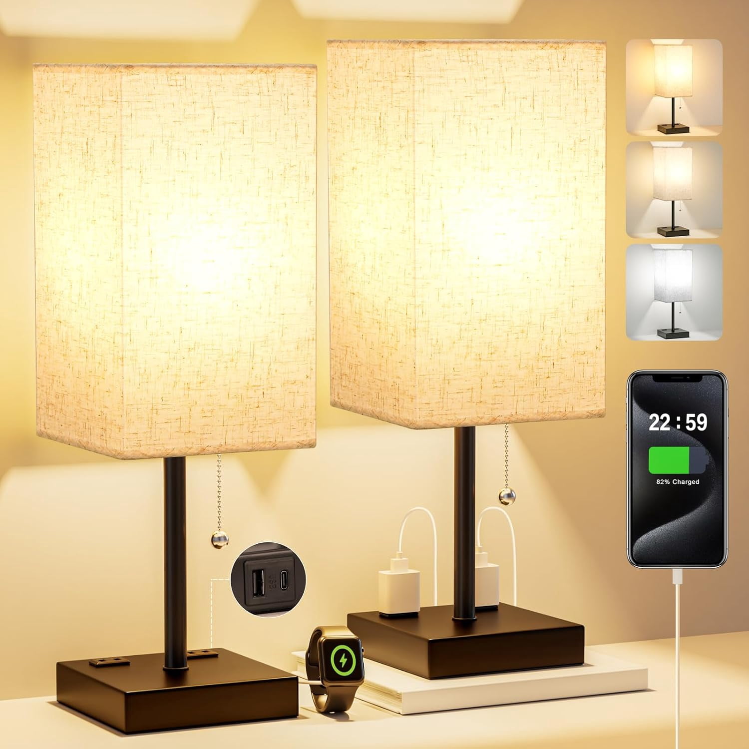Bedside Table Lamps for Bedroom Set of 2 - Small Rectangular Nightstand ...