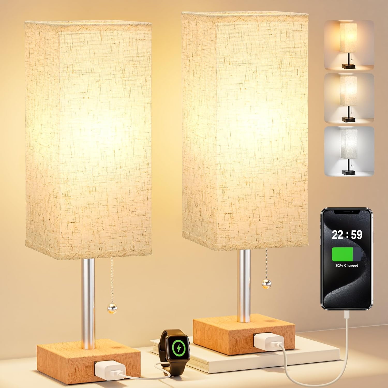 Bedside Table Lamps for Bedroom Set of 2 - Small Rectangular Nightstand ...