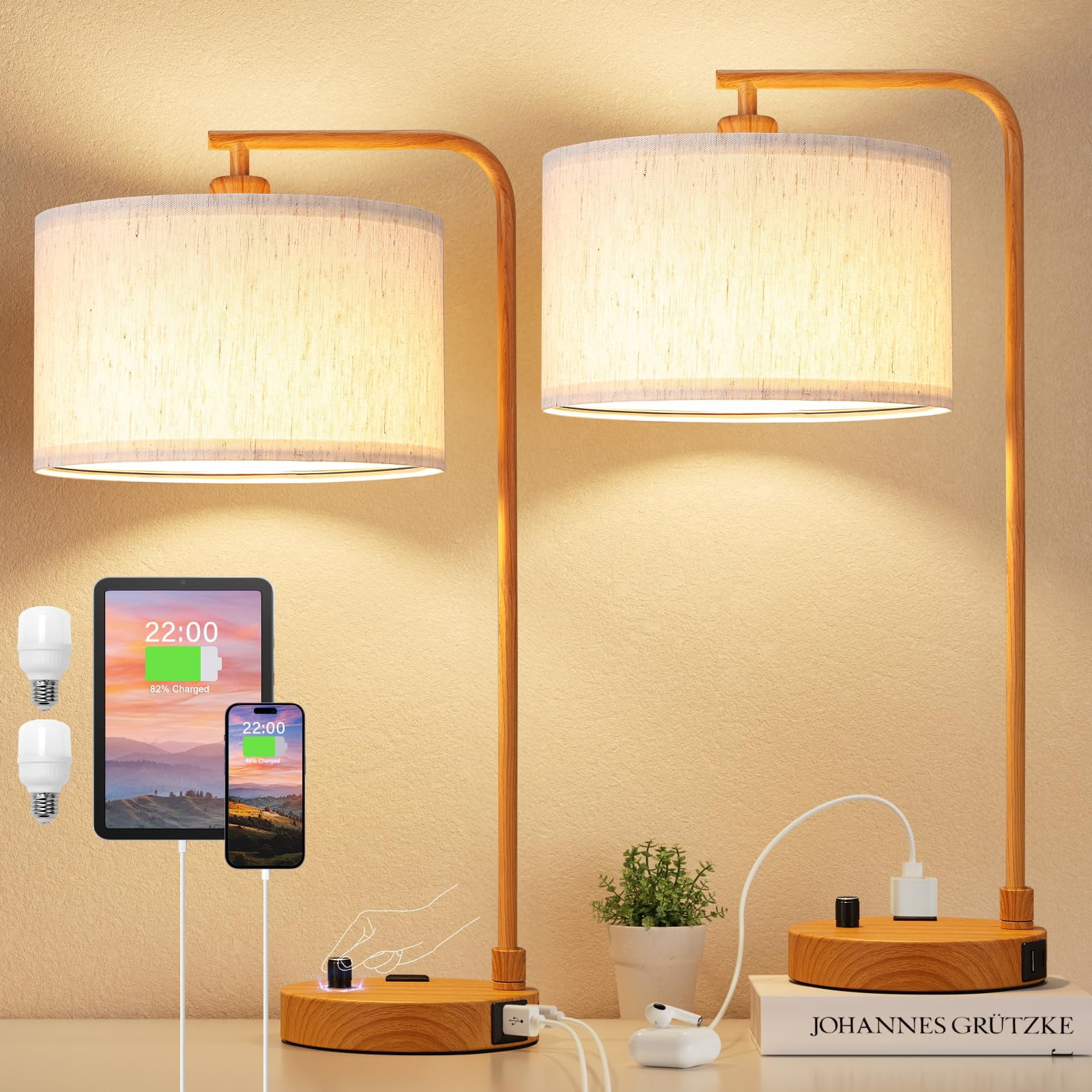 Bedside Table Lamps For Bedroom Set Of 2-dimmable Nightstand With Usb ...