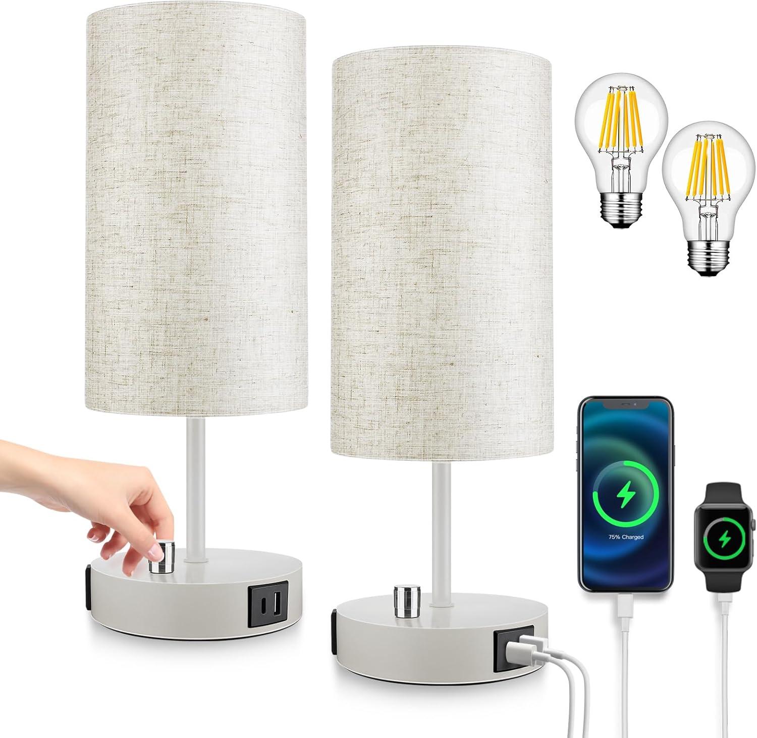 Bedside Table Lamps Set of 2, Fully Dimmable Nightstand Lights with USB ...