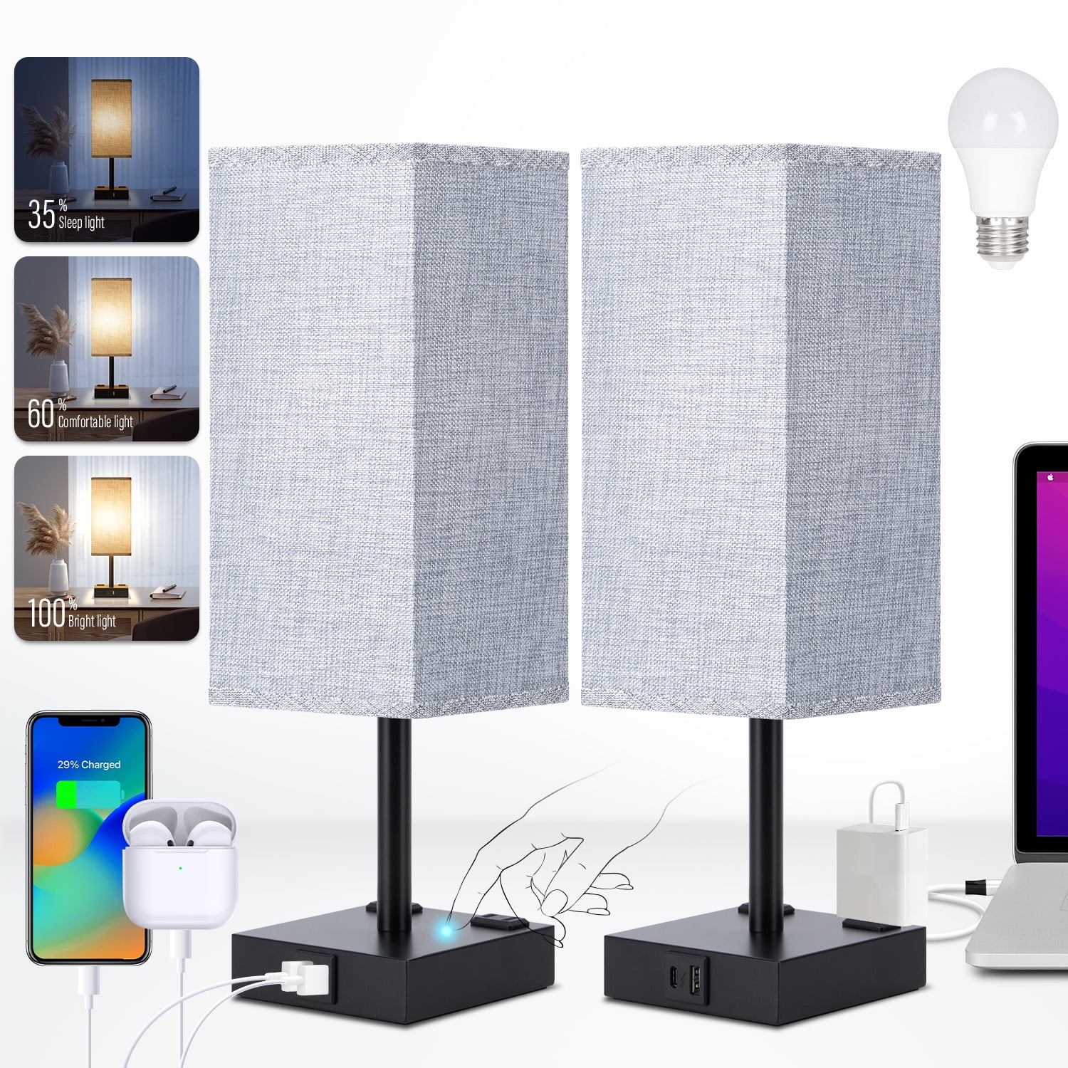 Bedside Table Lamps Set of 2 - Modern Dimmable Nightstand Lamps with ...