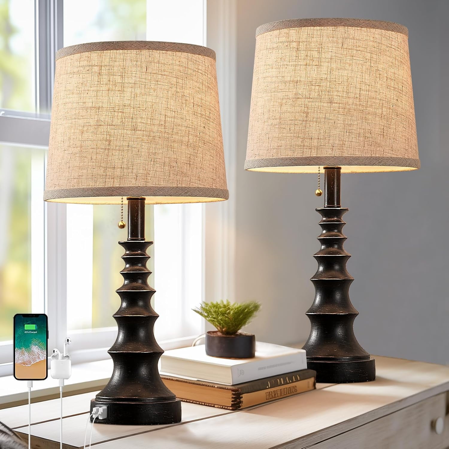 Bedside Table Lamps Set of 2 Rustic Farmhouse Bedroom Lamps for ...