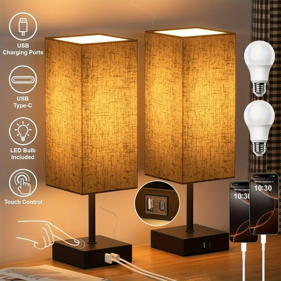 Bedside Table Lamps Set Of 2, Touch Bedroom Lamp with USB C+A Charging ...