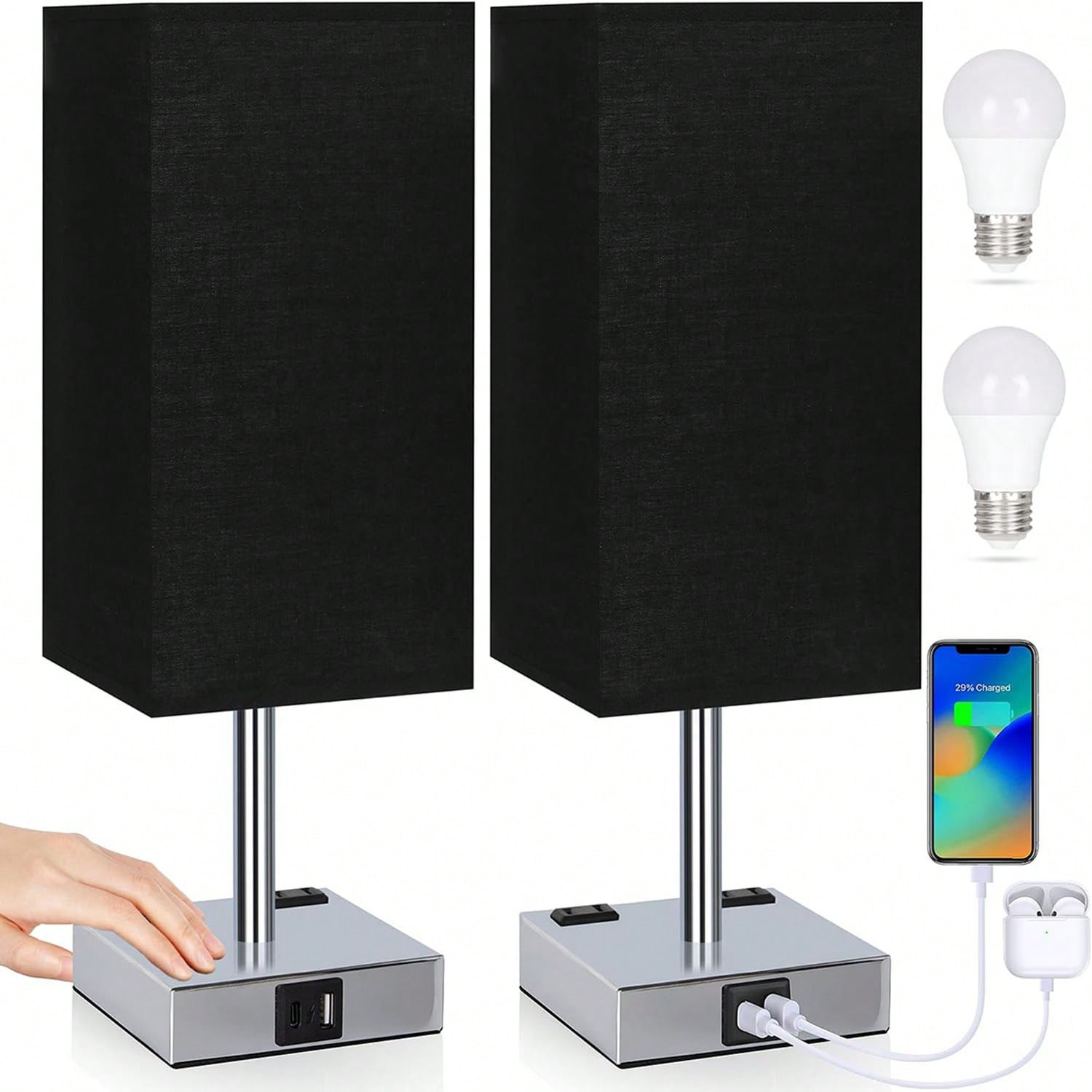 Bedside Table Lamps Set Of 2 - Touch Nightstand Lamp For Bedroom With ...