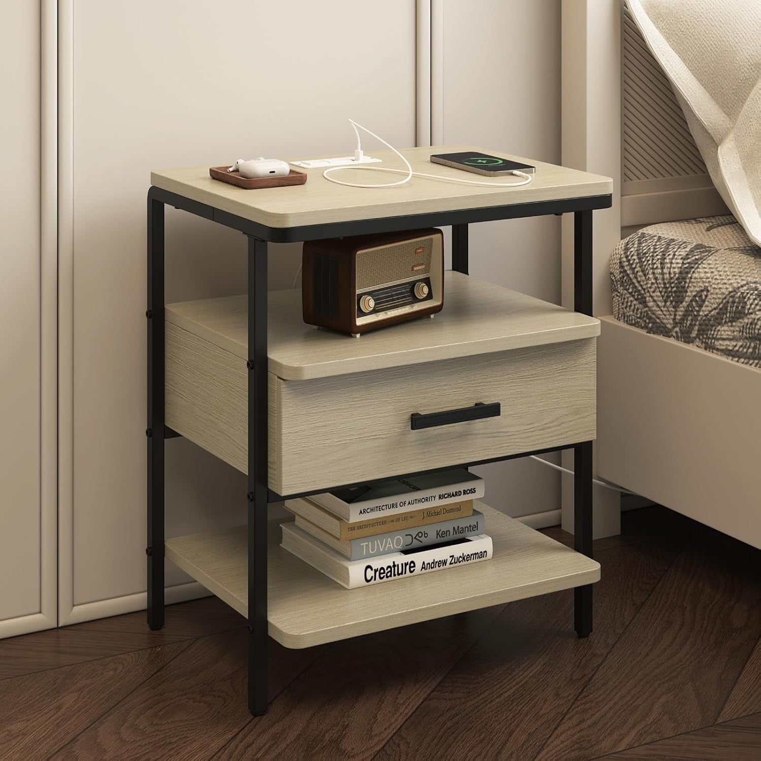 Bedside Table, Nightstand with Charging Station, Night Stand with ...