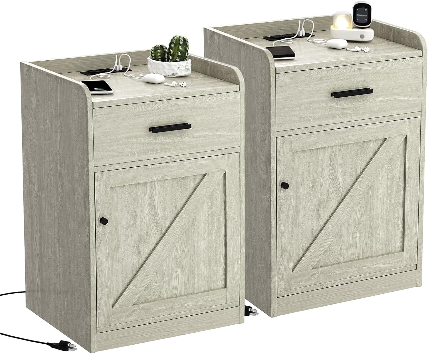 Bedside Table and Nightstand Set of 2, Grey Night Stand Set 2 with ...