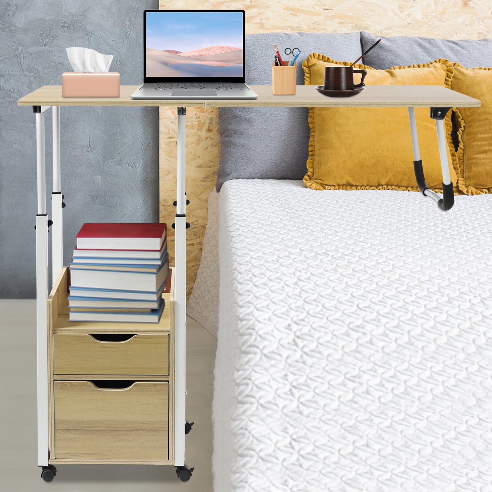 Bedside Table Rollers Height Adjustable Suitable Home Light Wood White ...