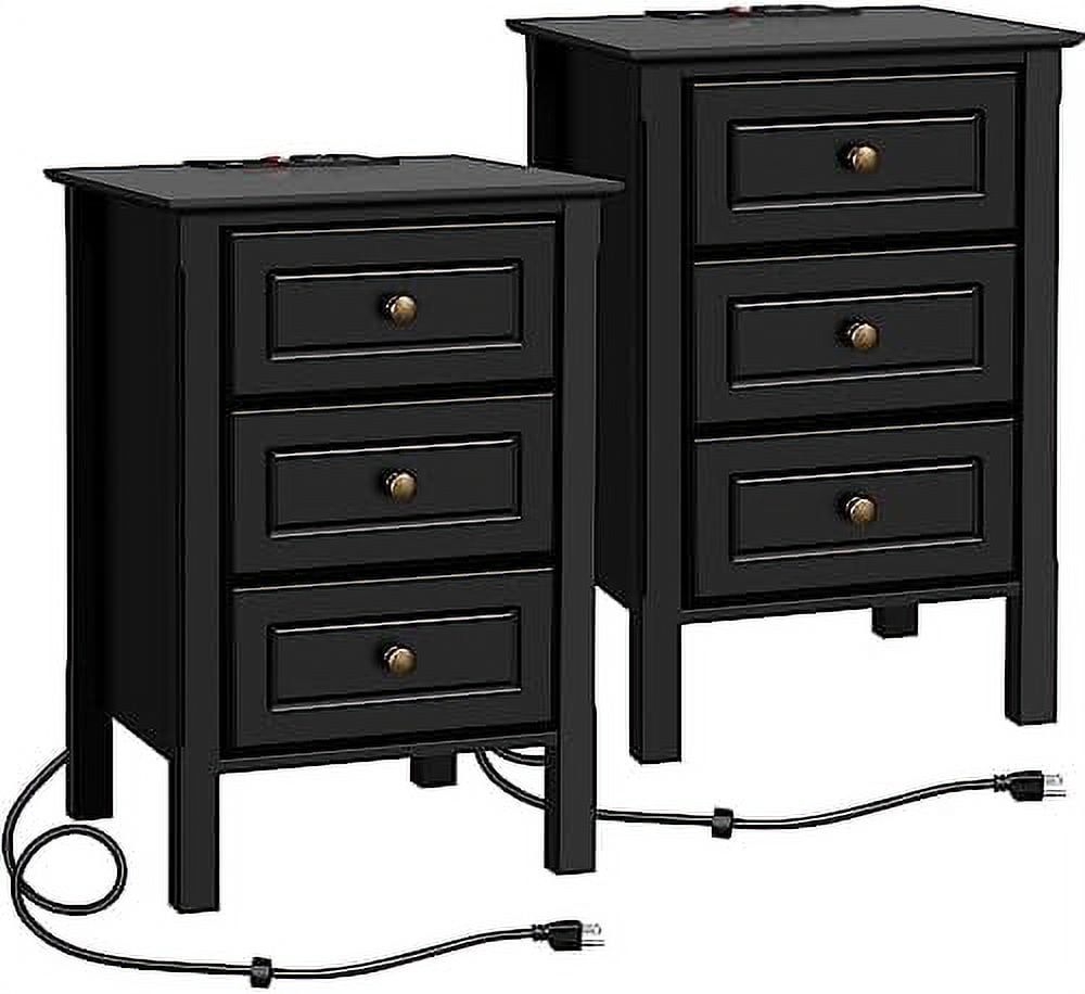 Black Bedside Table Set With Charging Station, Nightstand With 3 Drawer ...