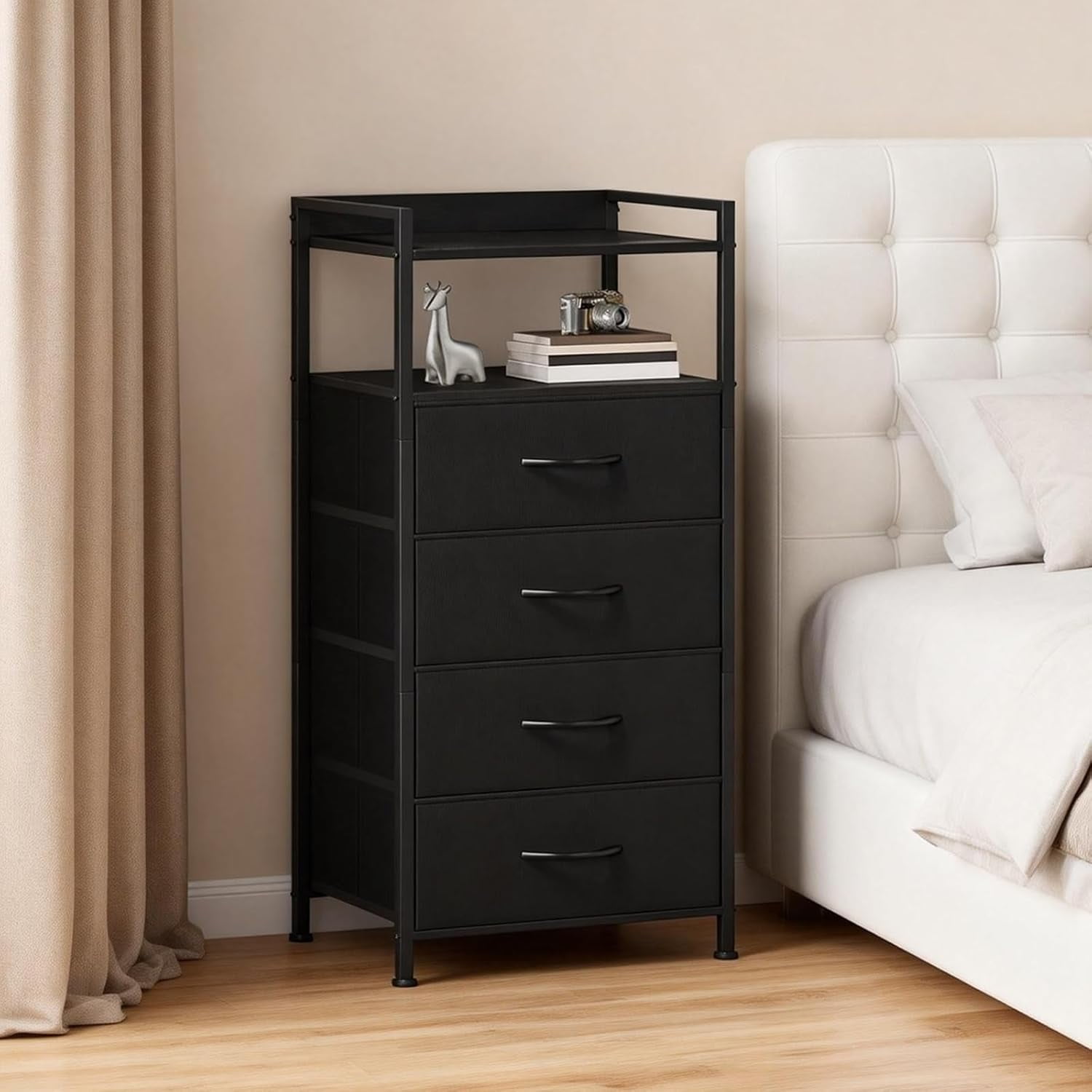 Bedside Table, Side End Table with 4 Fabric Storage Drawers, Bedside ...