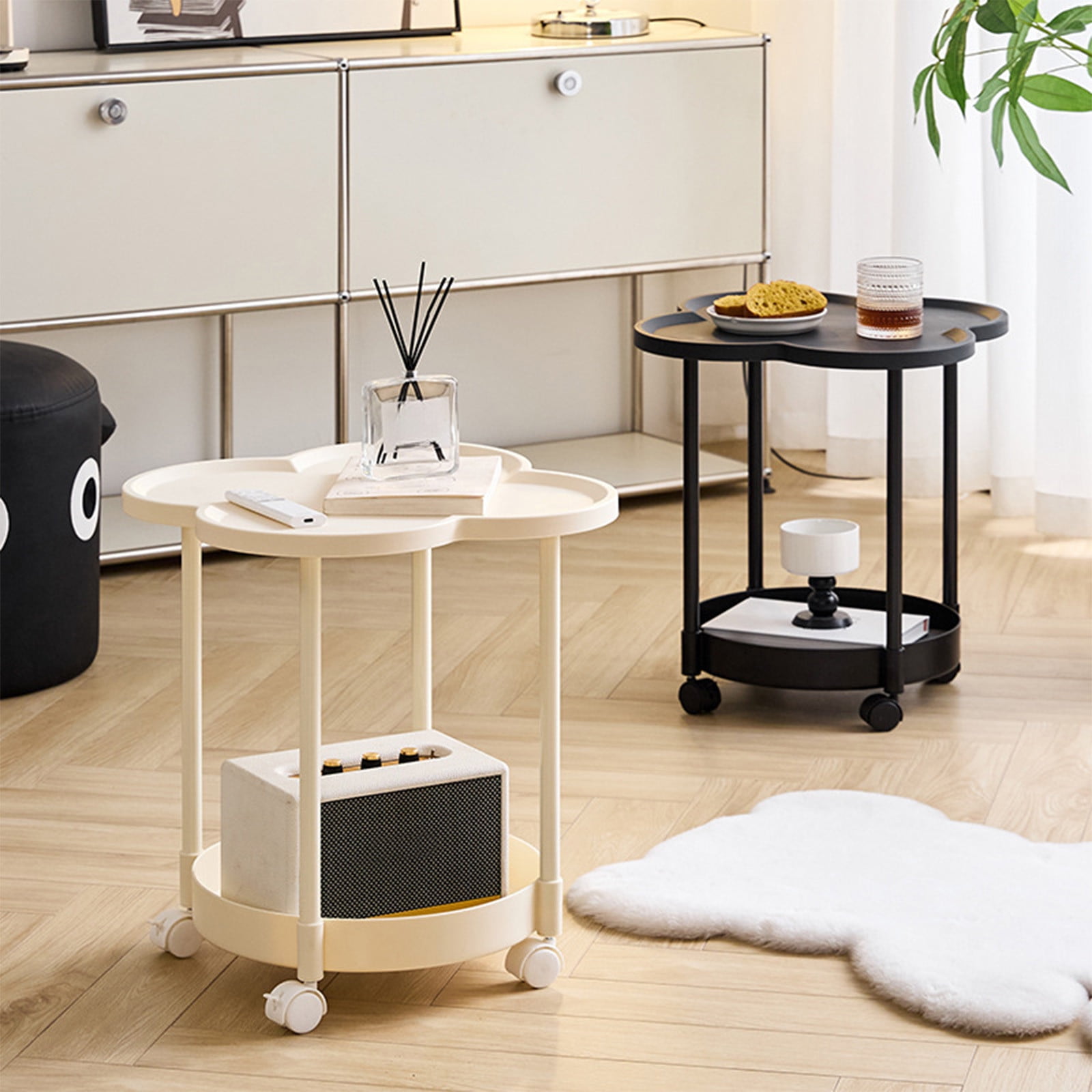 Bedside Table, Small Mobile Side Table with Wheels, 2-tier Storage ...
