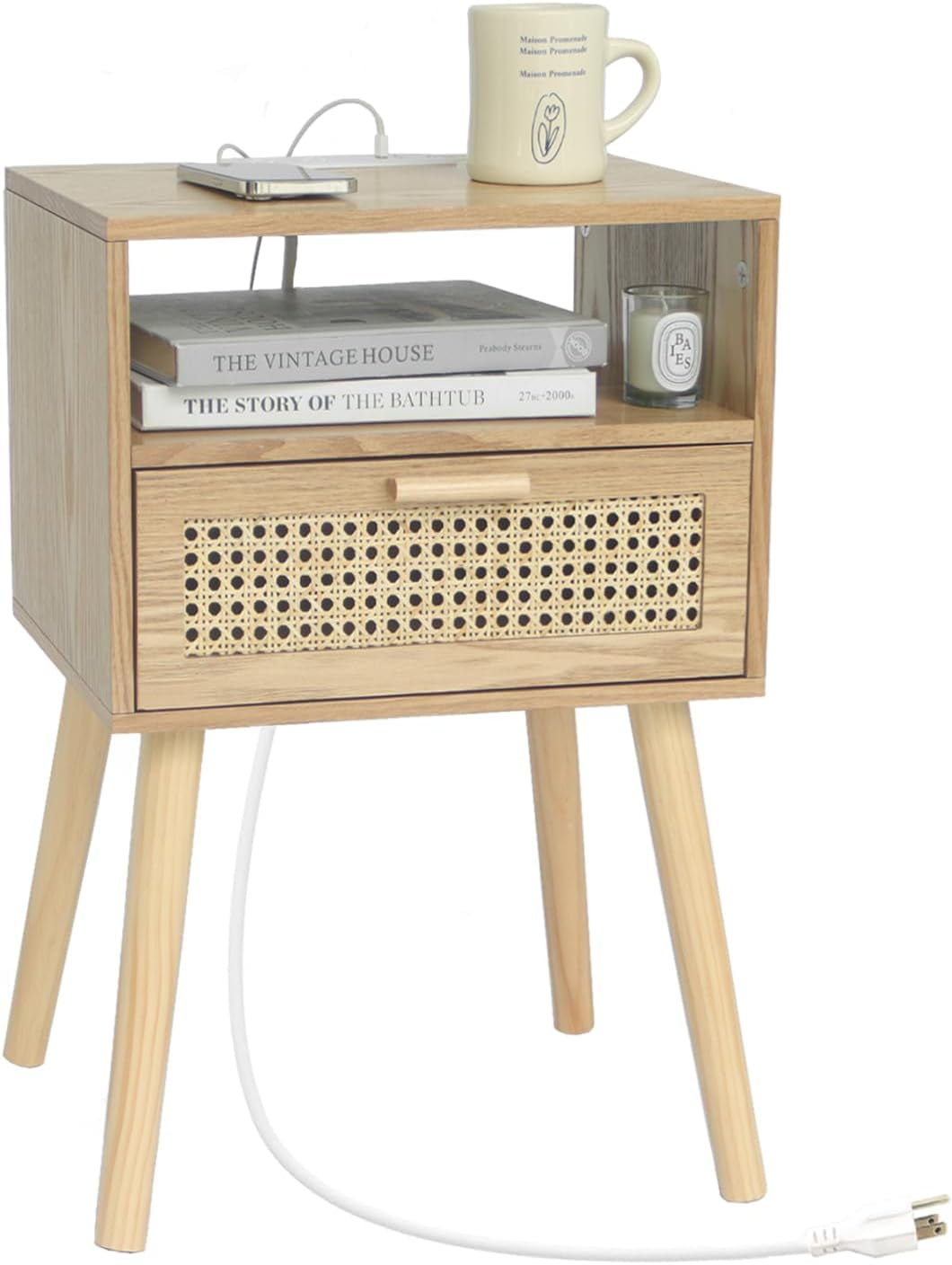 Bedside Table, Small Nightstand with Charging Station, Rattan Side ...