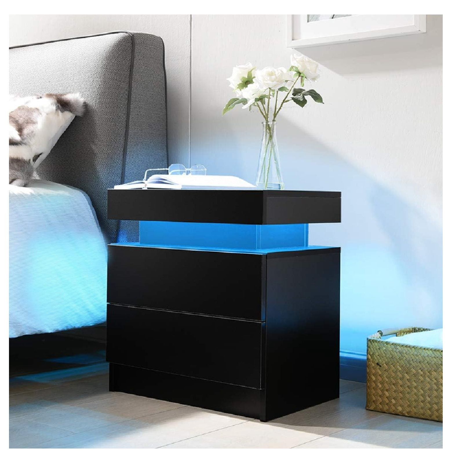 Bedside Table with 2 Drawers, LED Nightstand Wooden Cabinet Unit with ...