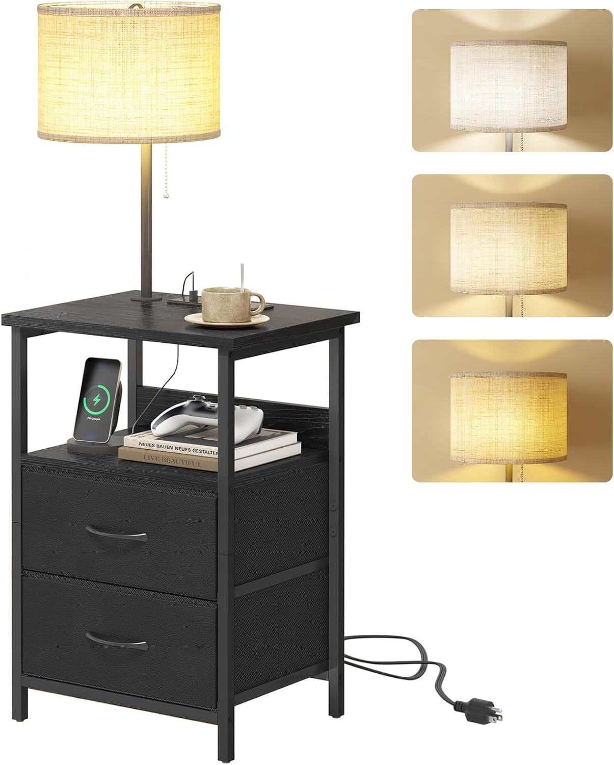 Bedside Table with 3-Color Temperature LED Reading Light Charging ...