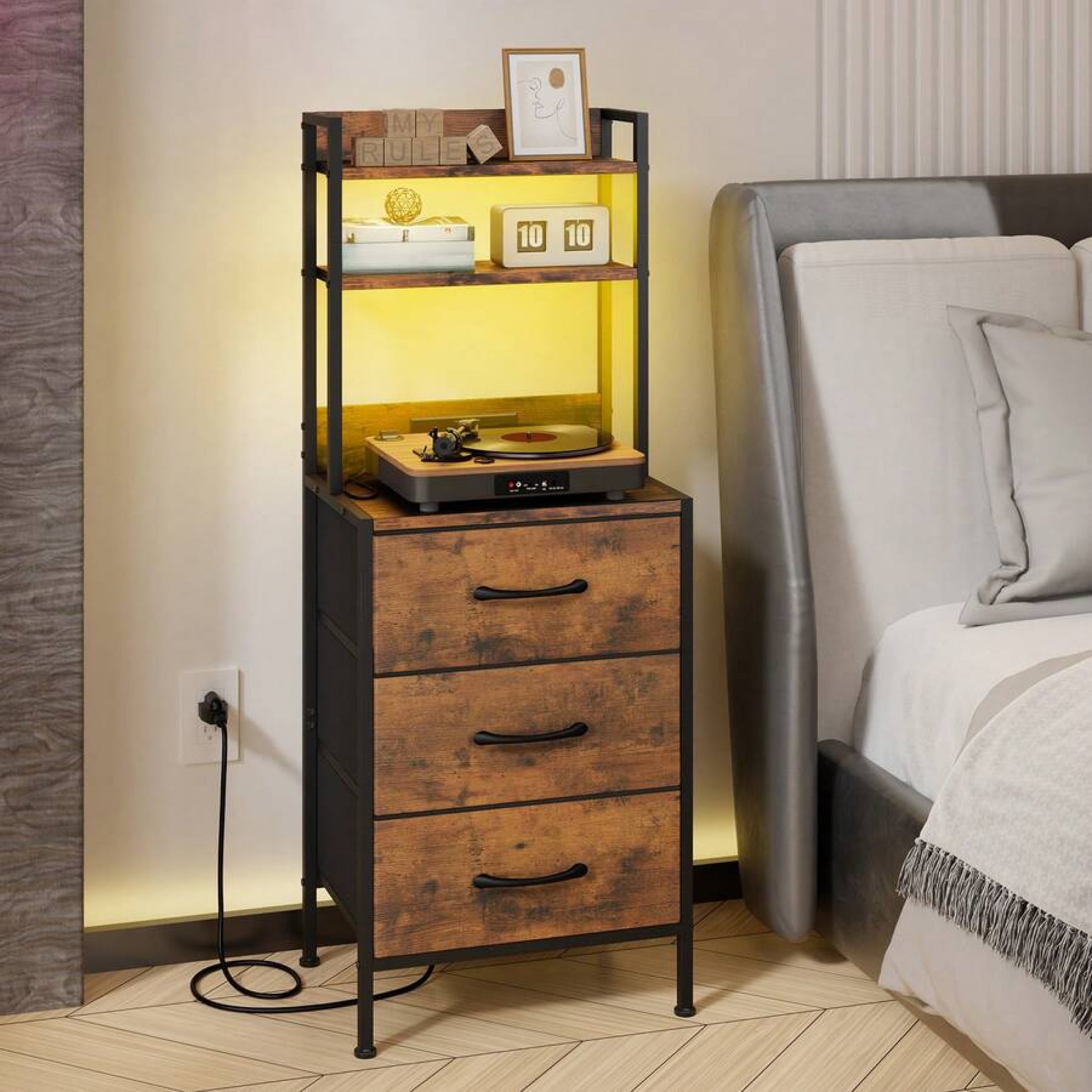 Bedside Table with Charging Station - Tall 3-Drawer Nightstand with USB ...