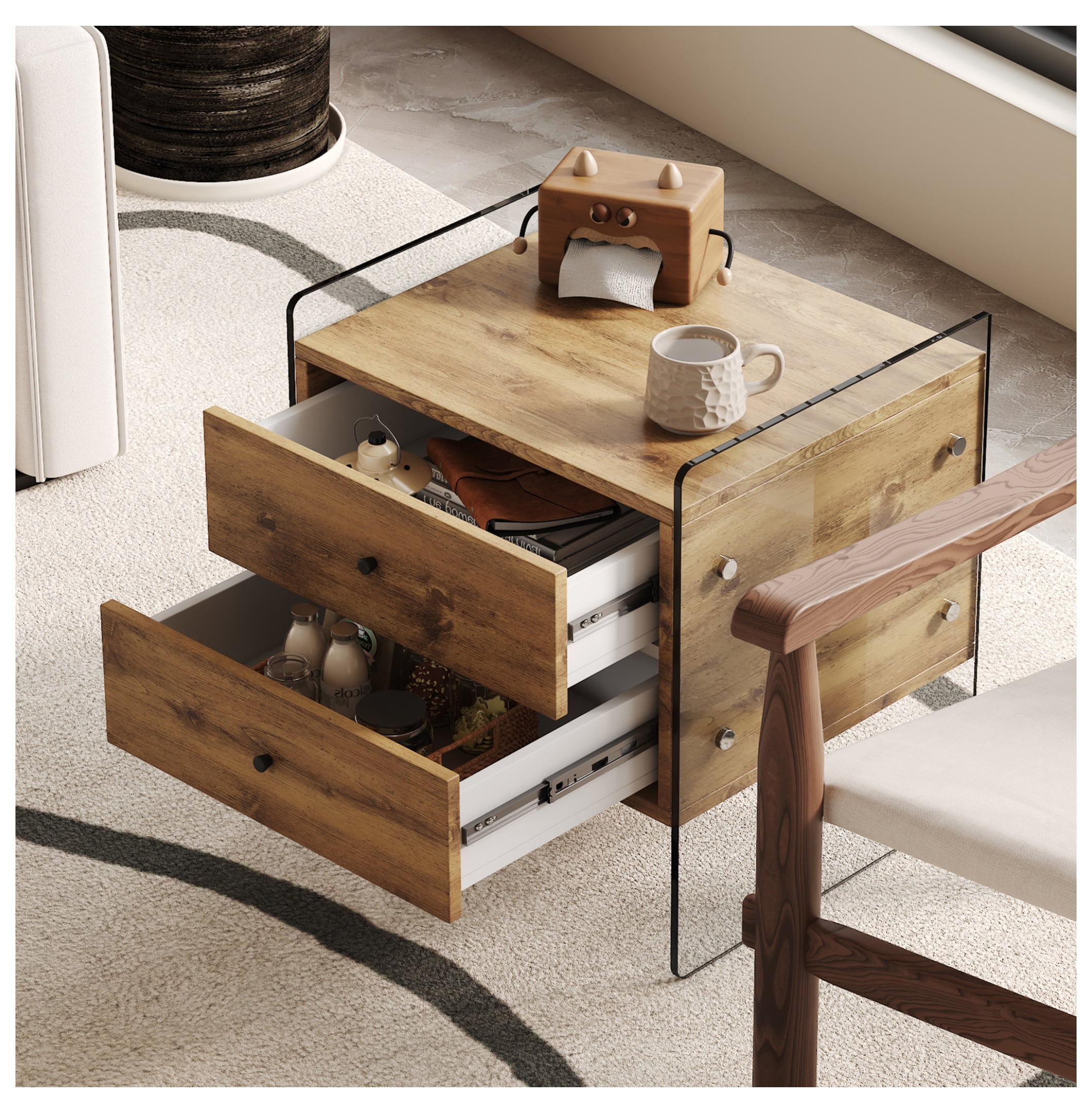 Bedside Table with Drawers, Modern Nightstand with Tempered Glass, MDF ...