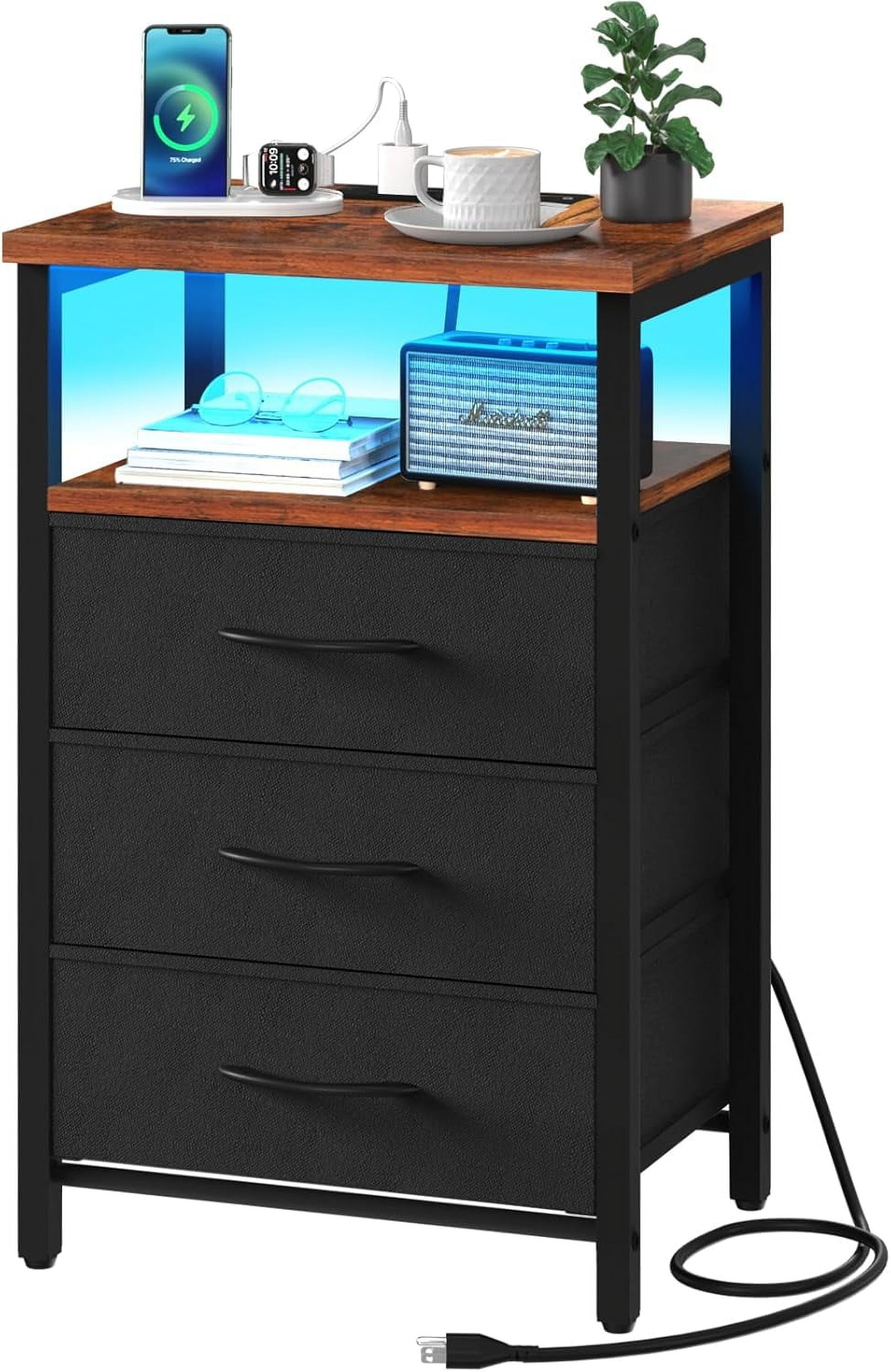 Bedside Tables with Charging Station, LED Nightstand with 16 Colors and ...