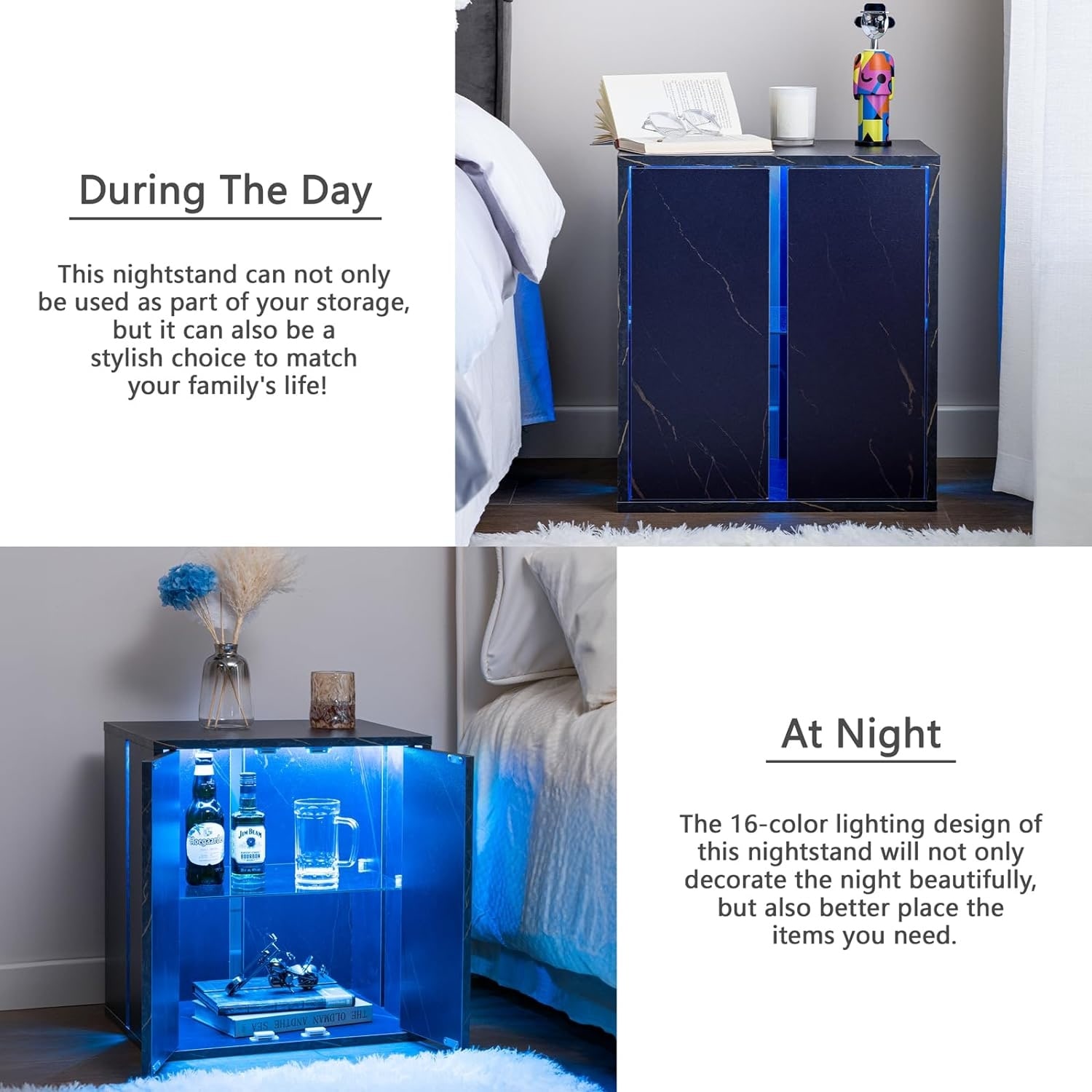 Bedside Tables with LED Farmhouse Nightstand Tables with Glass Shelves ...