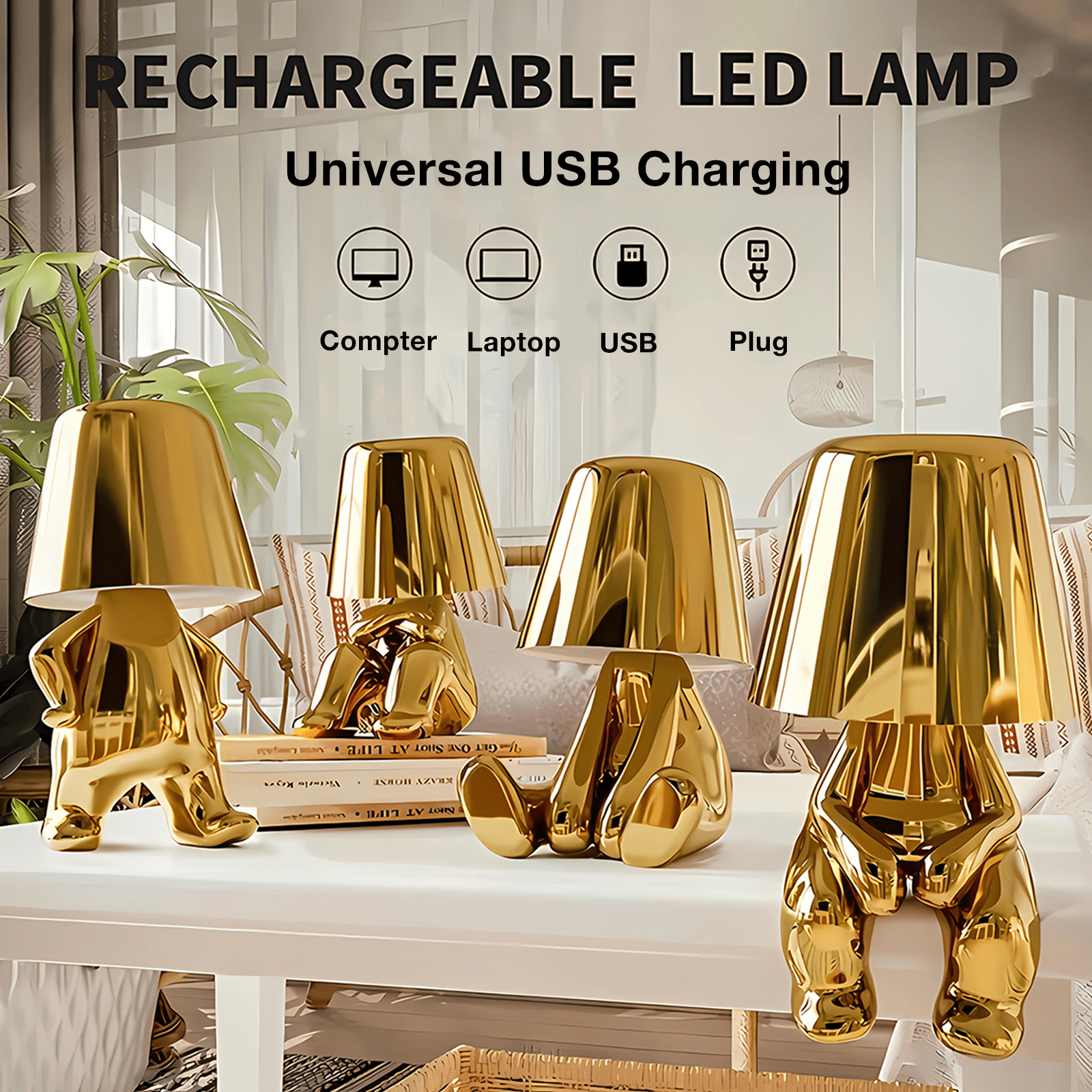 Bedside Touch Control Table Lamp, Thinker Golden Man Statue LED Table ...