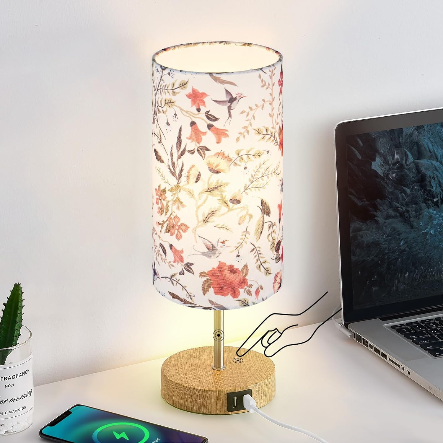 Bedside Touch Lamp, Wood Small Table lamp with 2 USB Charging Ports ...