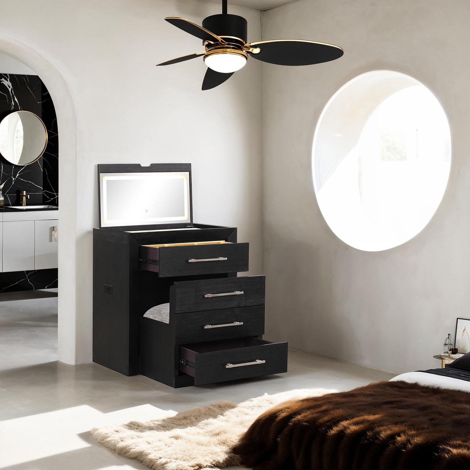 Bedside Vanity Set w/ Stool Black Storage Drawers Nickle Pulls Handles ...