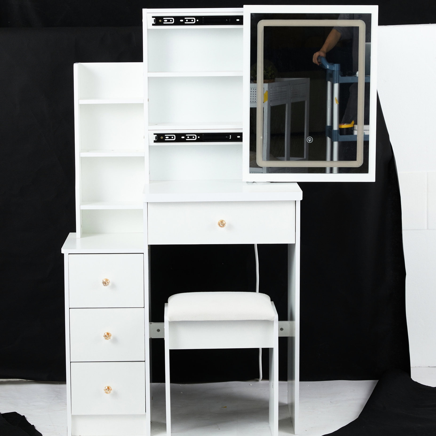 Bedside Vanity Table and Stool Combo for Small Bedrooms | Tri-Color ...