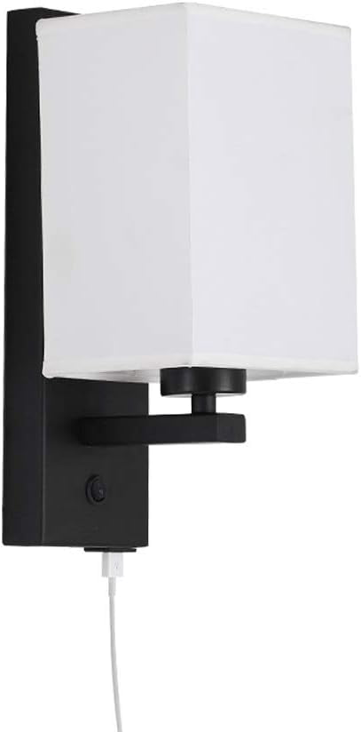 Bedside Wall Lamp with Switch and USB Charging Port, Fabric Shade Black ...