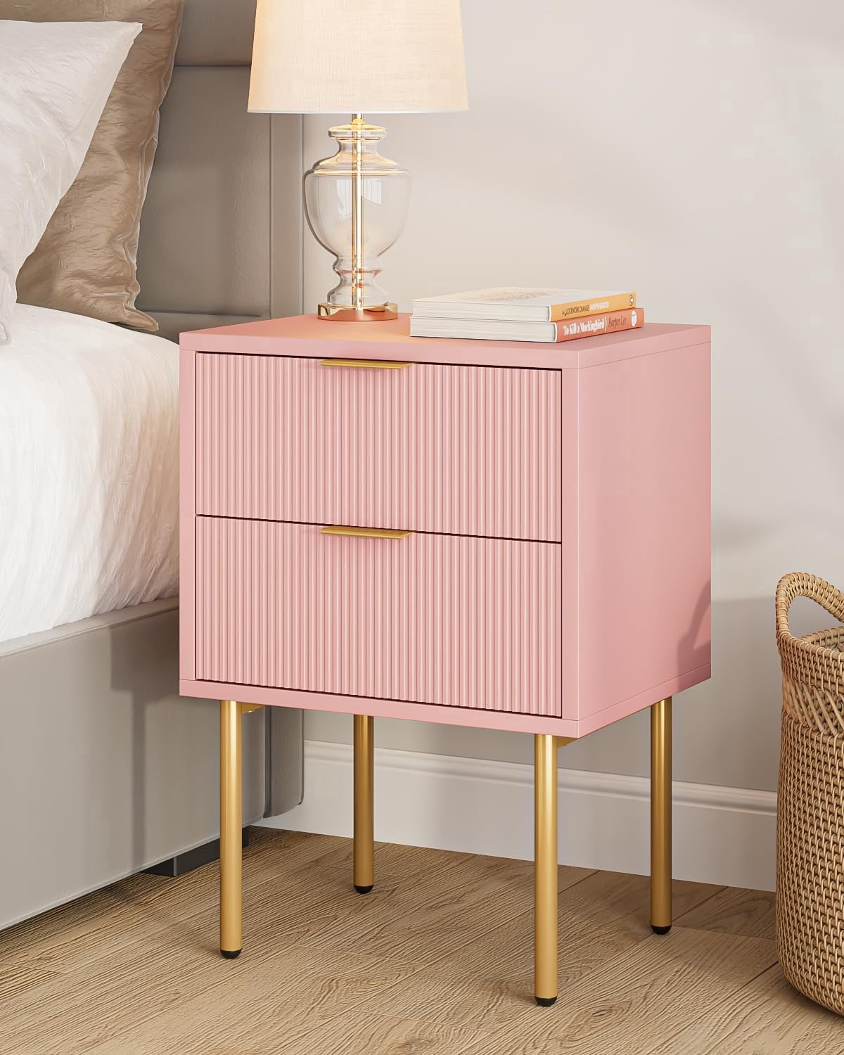 Bedside table, mid-century modern style bedside cabinet with two ...