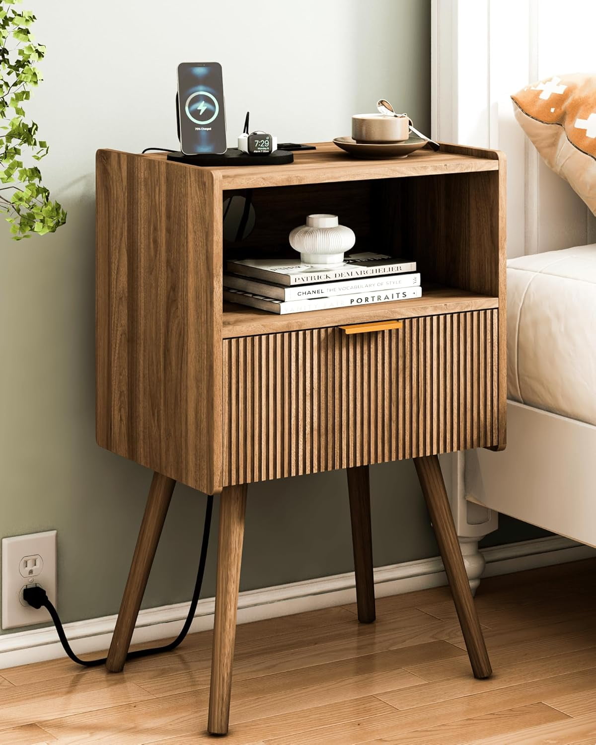 Bedside table with sockets, modern bedside table, with storage drawers ...
