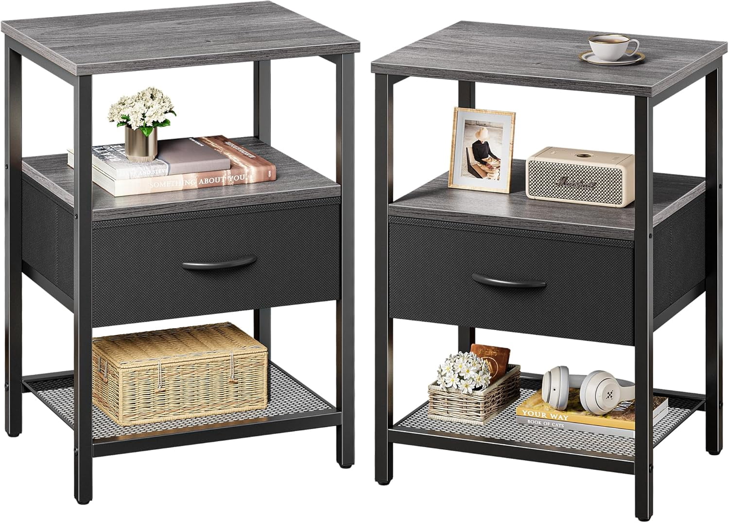 Bedside tables (set of 2), bedside tables with fabric drawers, mesh ...