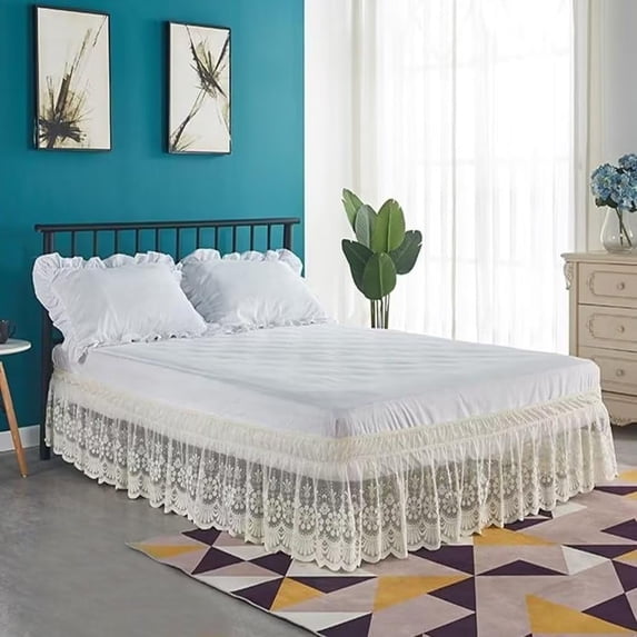 Bedskirt Lace Trimmed Elastic Bed Wrap, Easy Fit Dust Ruffle Bedskirt ...