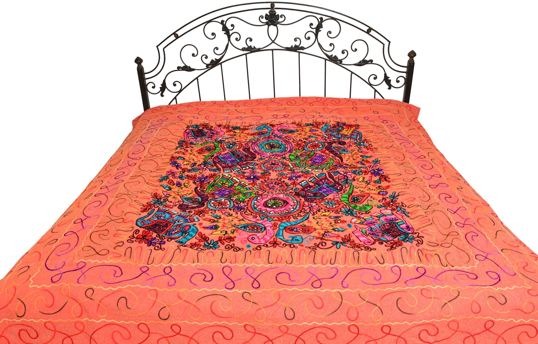 Bedspread from Gujarat with Embroidered Animals - Pure Cotton - Color ...