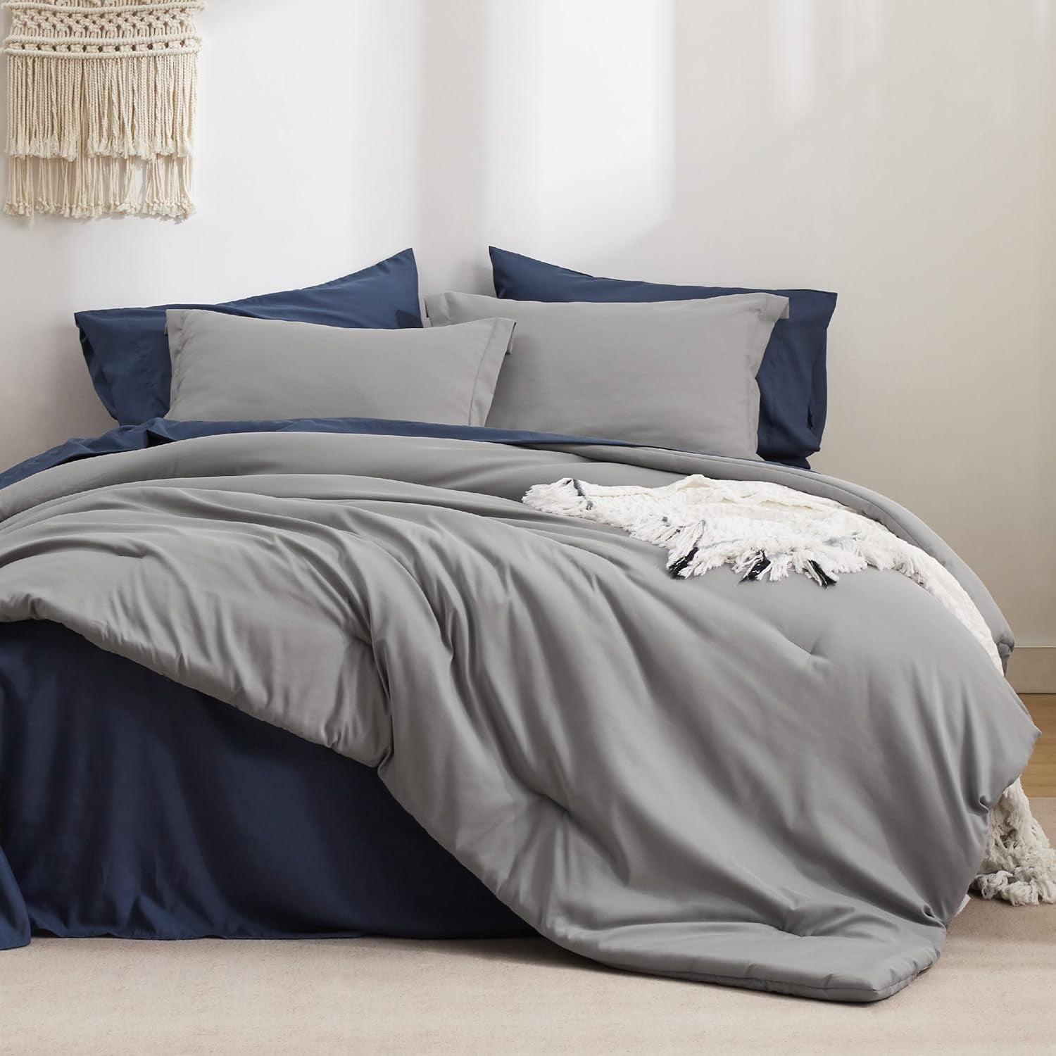Cozy Comfort Full Size Comforter Set Grey Navy, 7 Pieces Soft Bedding ...