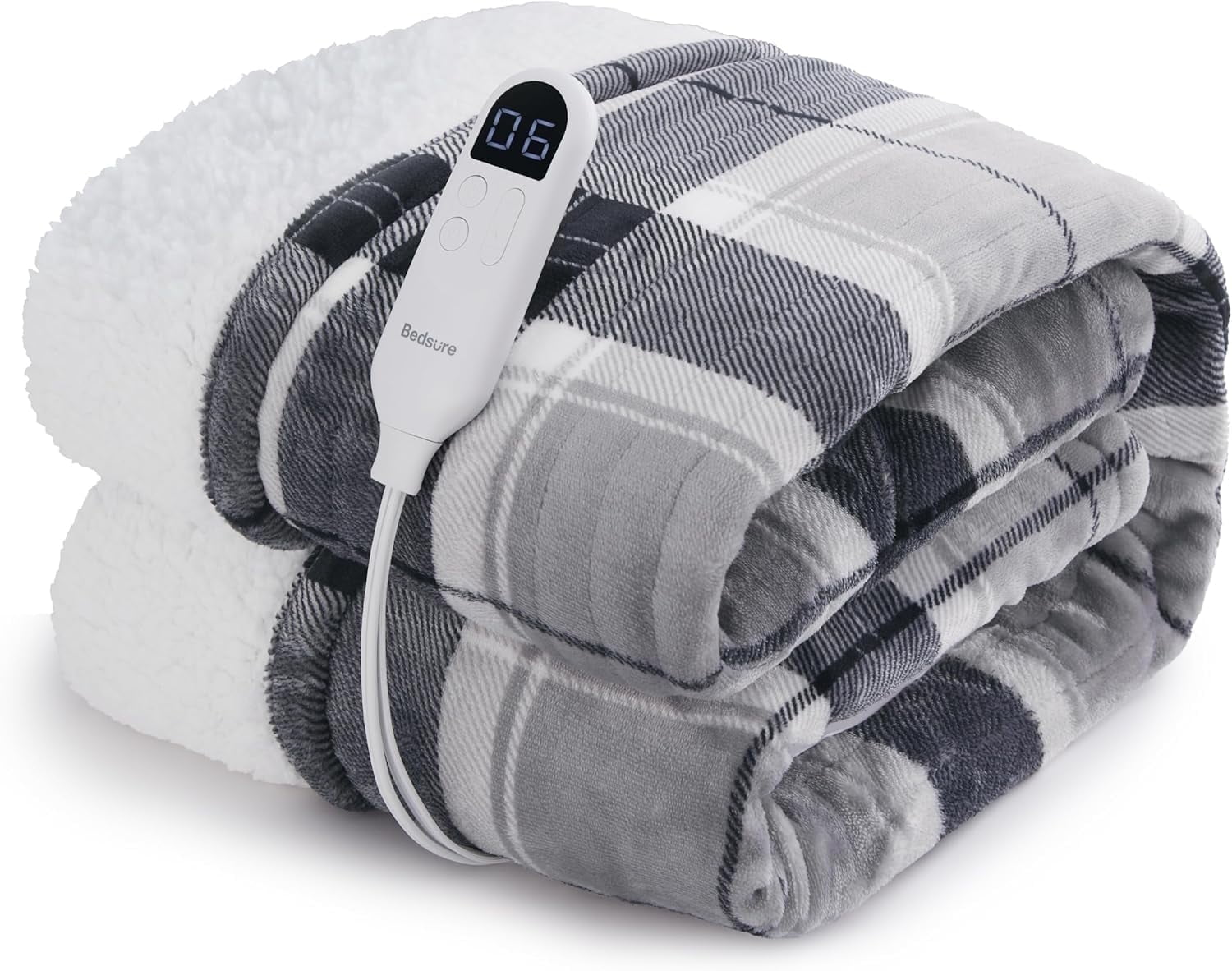 Bed Sure Gray Plaid Flannel Sherpa Electric Blanket, Twin. With 6 ...