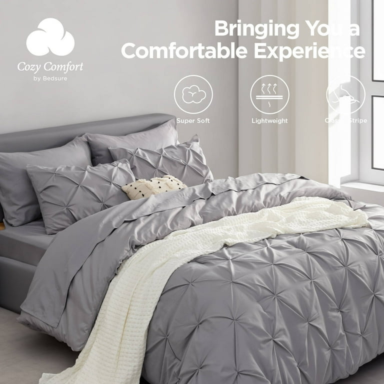 Cozy Comfort Queen Comforter Set 7 Pieces Grey Comforters Pintuck Bedding Sets for All Season Bed in a Bag with Flat Sheet and Fitted Sheet