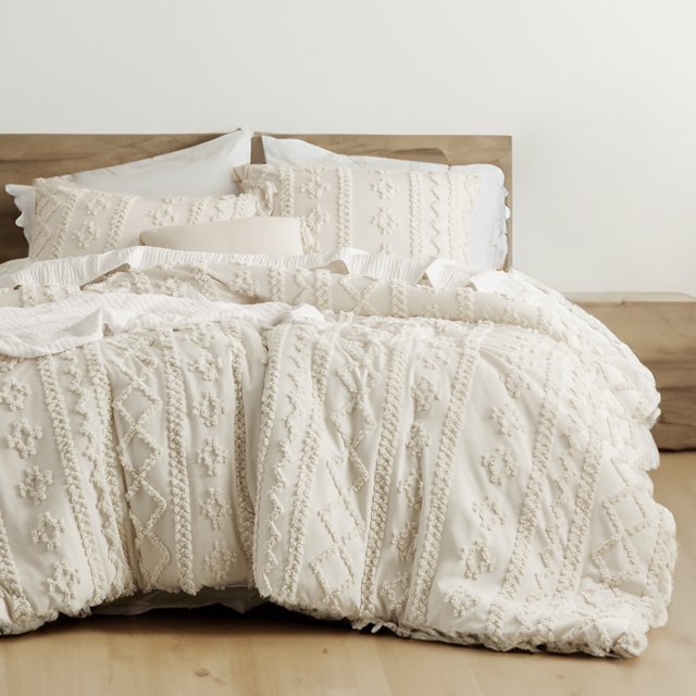 Cozy Comfort Tufted Boho Comforter Set Full, Beige, 3 Pieces Farmhouse ...