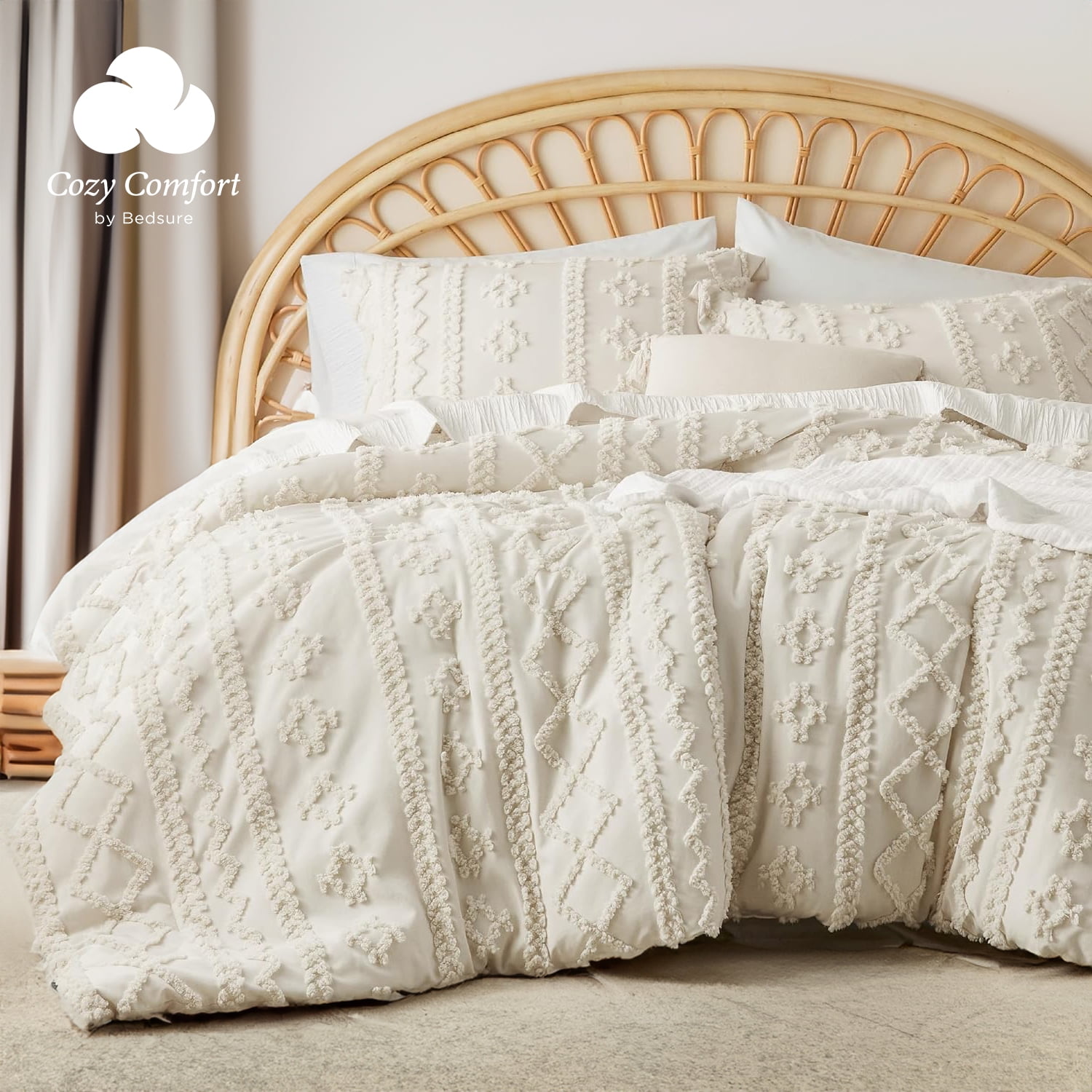 Cozy Comfort Tufted Boho Comforter Set Full, Beige, 3 Pieces Farmhouse ...