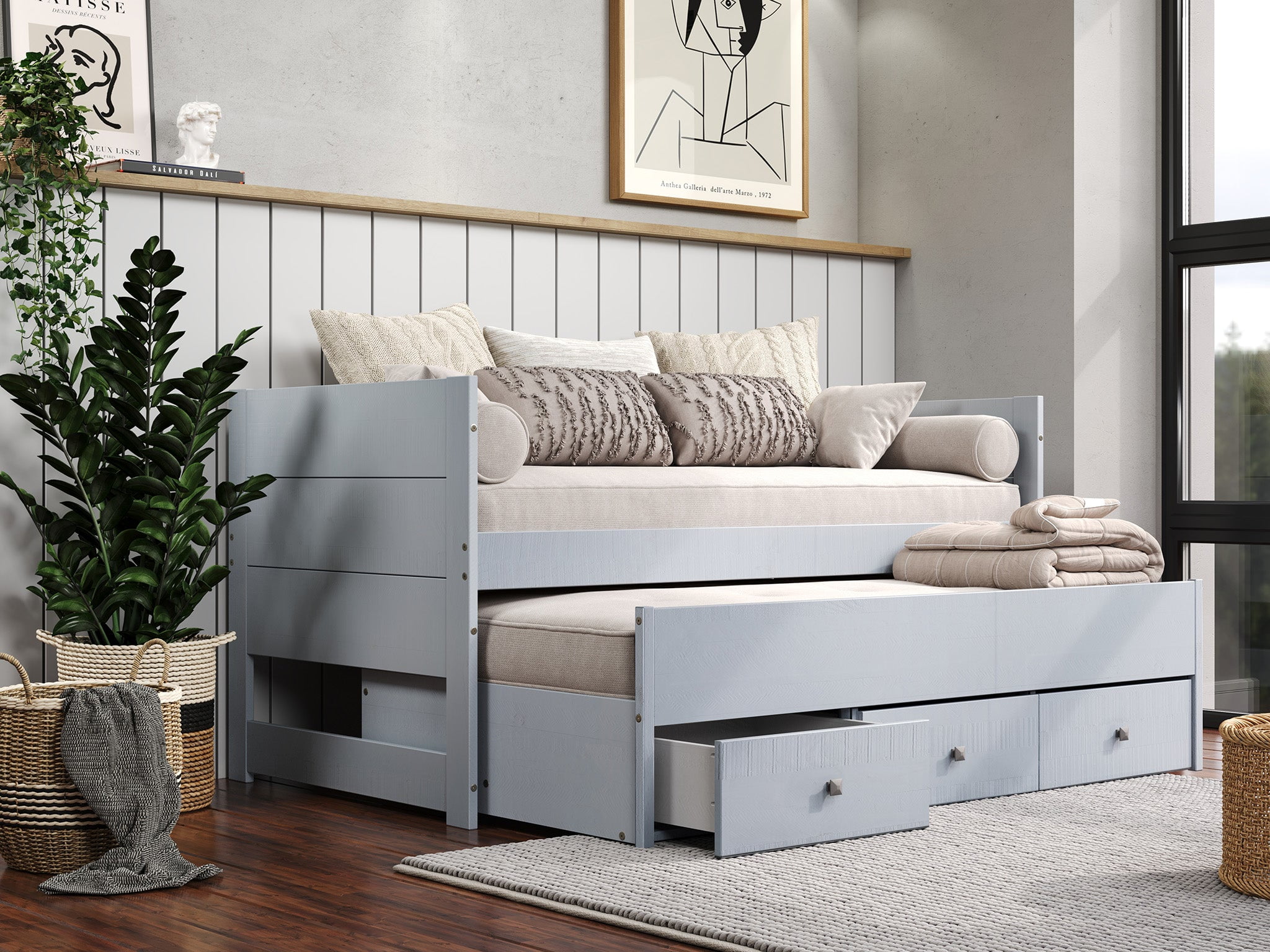 Bedz King All in One Twin Bed with Trundle and 3 Built in Drawers ...
