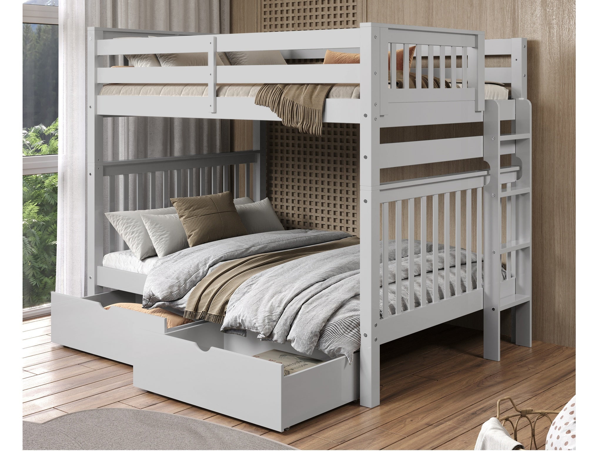 Bedz King Solid Wood Bunk Beds Full Size Frame with End Ladder and 2 ...
