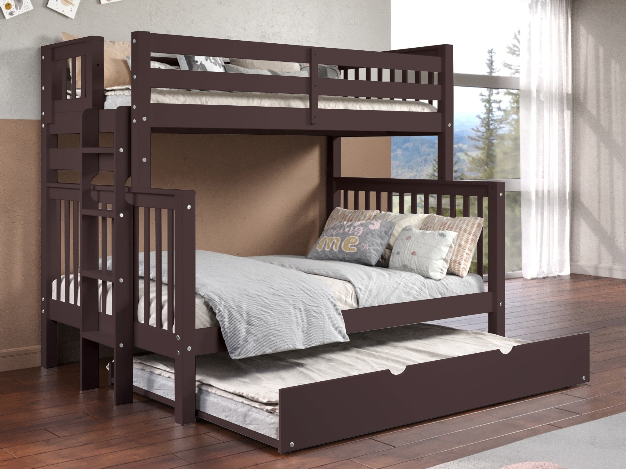 Bedz King Bunk Beds Twin/Full, Mission Style w/ Ladder & Full Trundle ...
